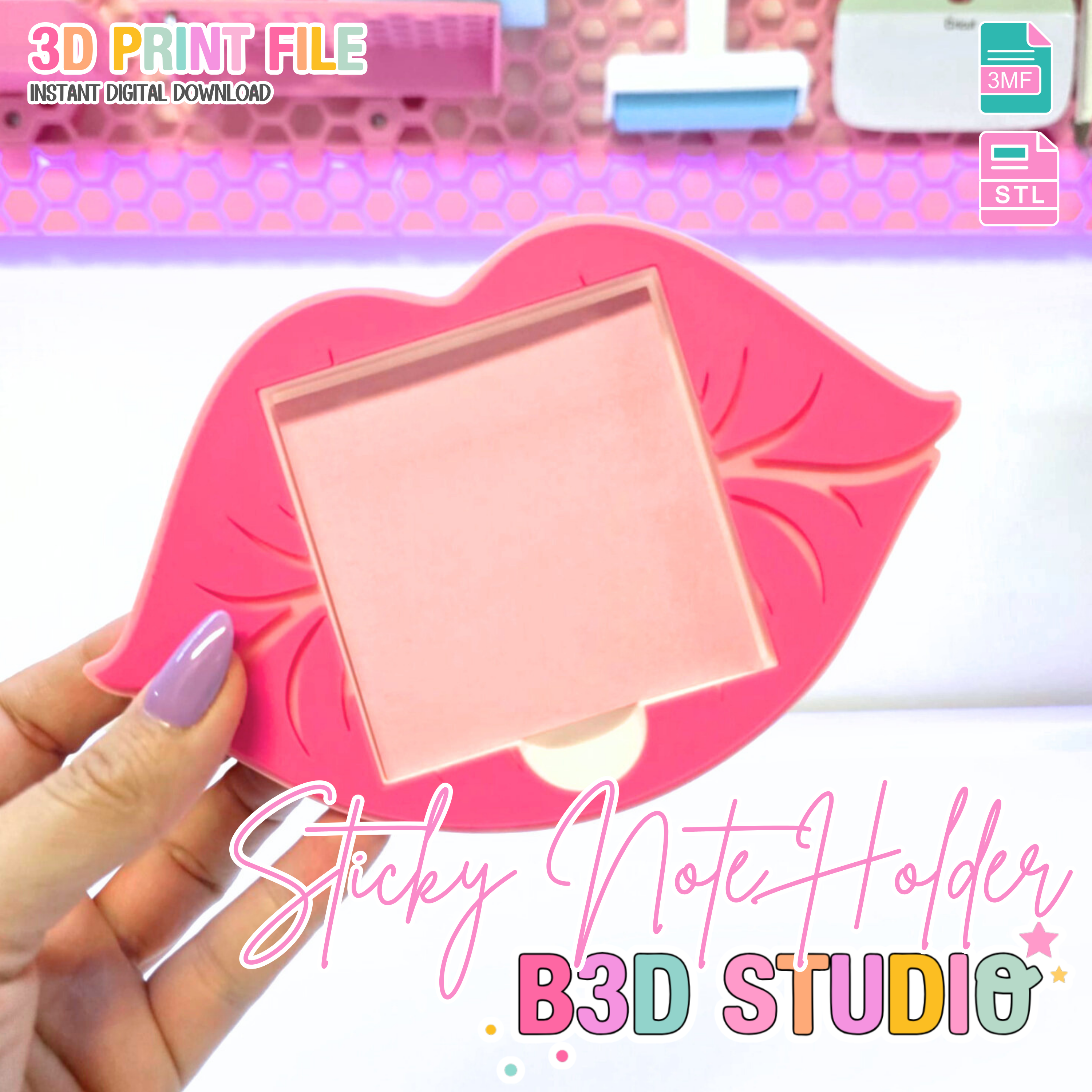 Lips Sticky Note Holder STL + 3MF File: Girly 3D Printable Organizer ...