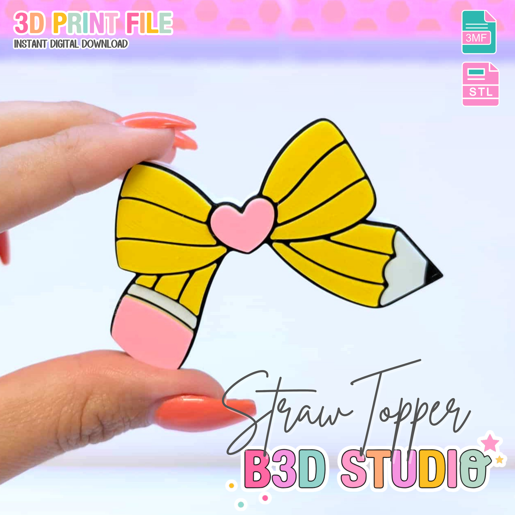 Pencil Bow Straw Topper 3D Print File (STL & 3MF Digital Download) 8mm ...