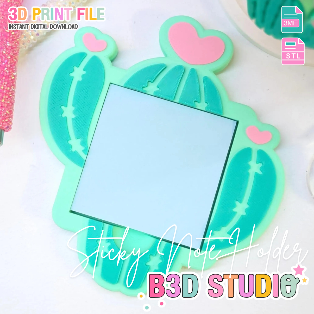 Heart Cactus Sticky Note Holder - STL & 3MF - Digital Download – B3D Studio